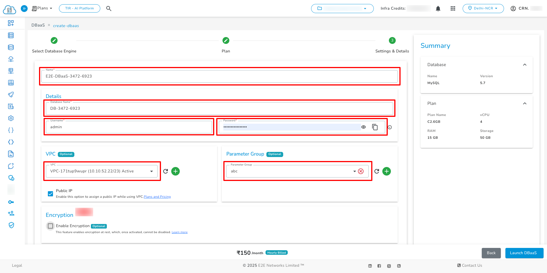 Create Encrypted DBaaS | E2E Cloud