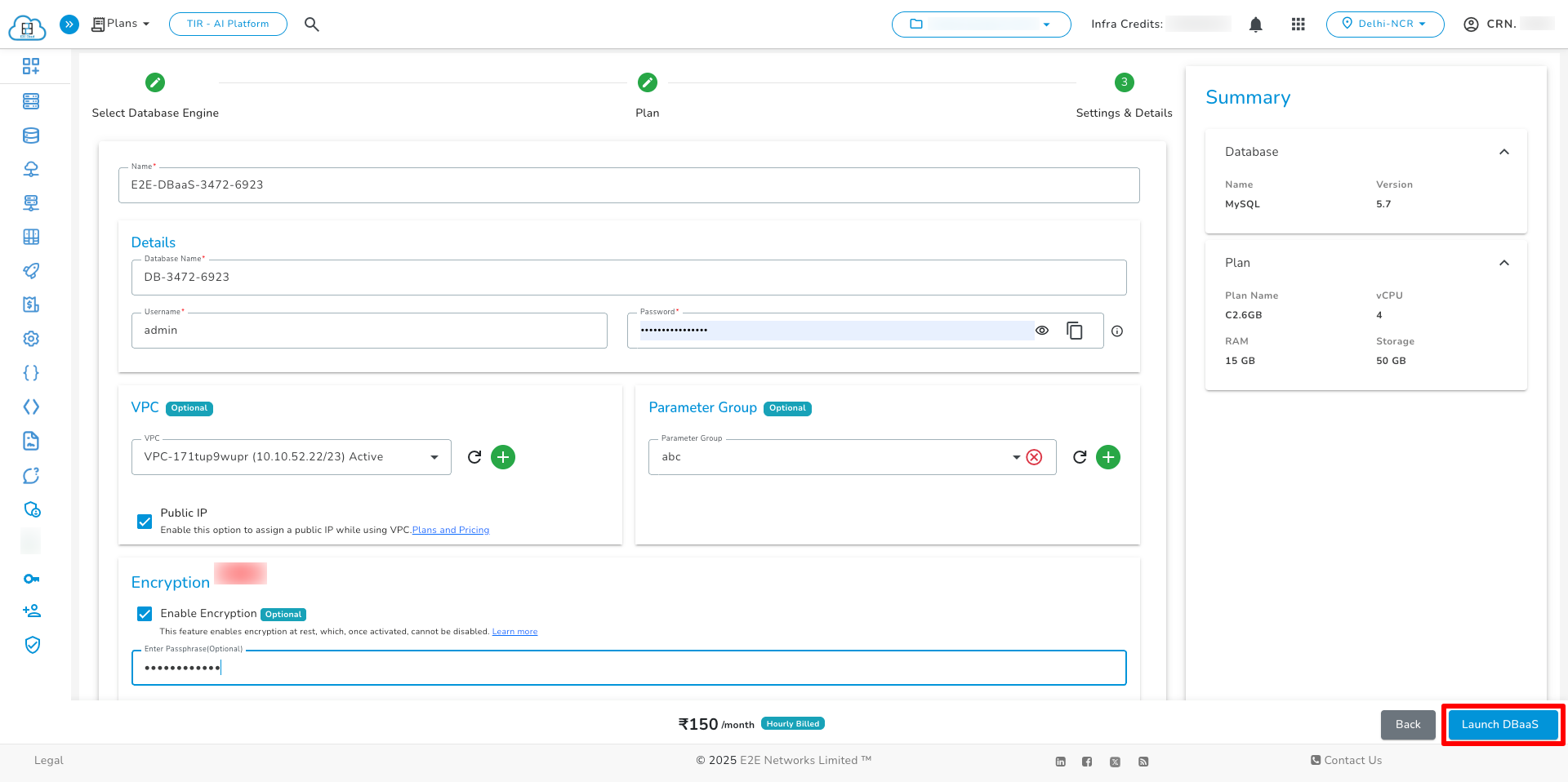 Create Encrypted DBaaS | E2E Cloud