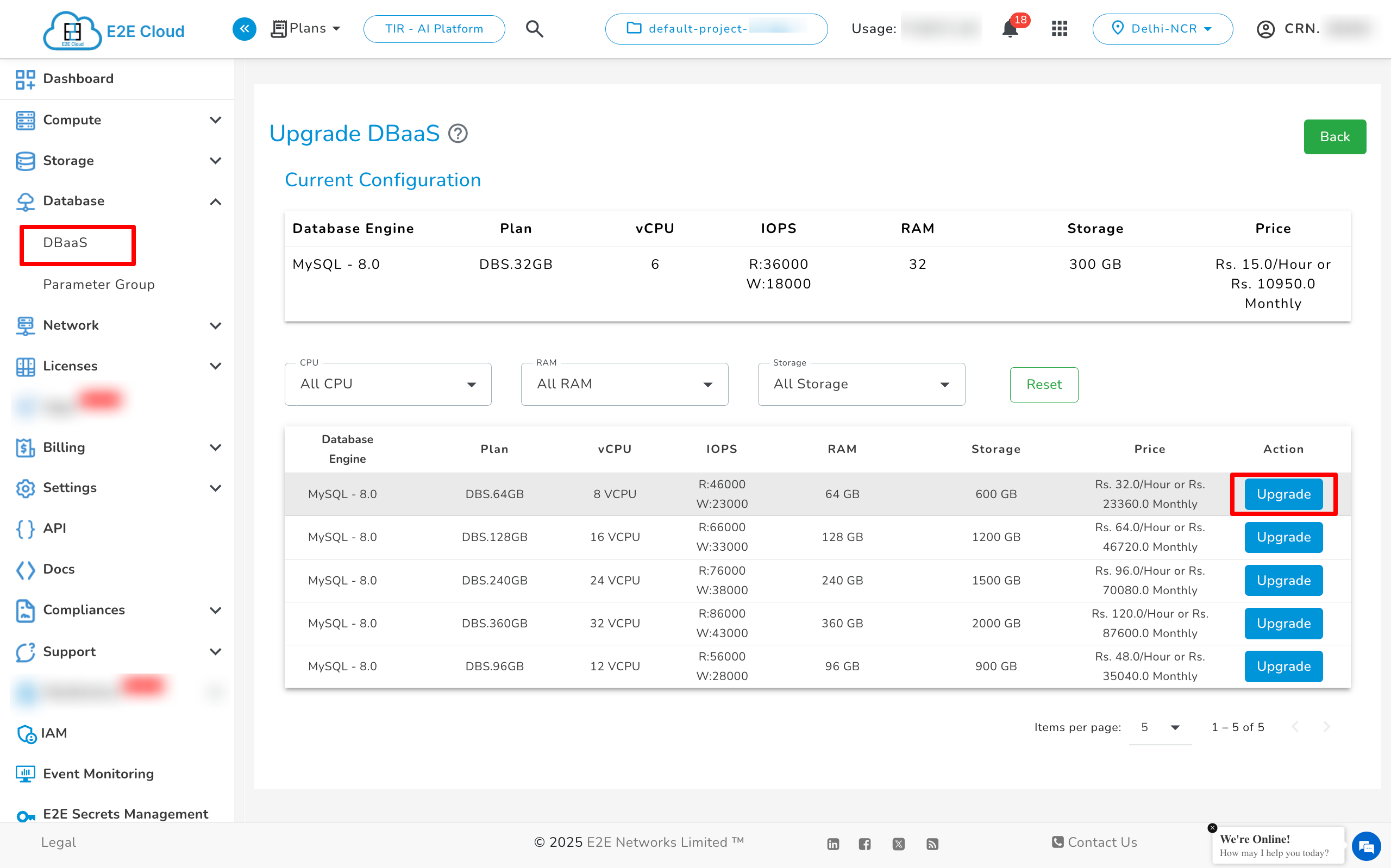 Manage your Database | E2E Cloud