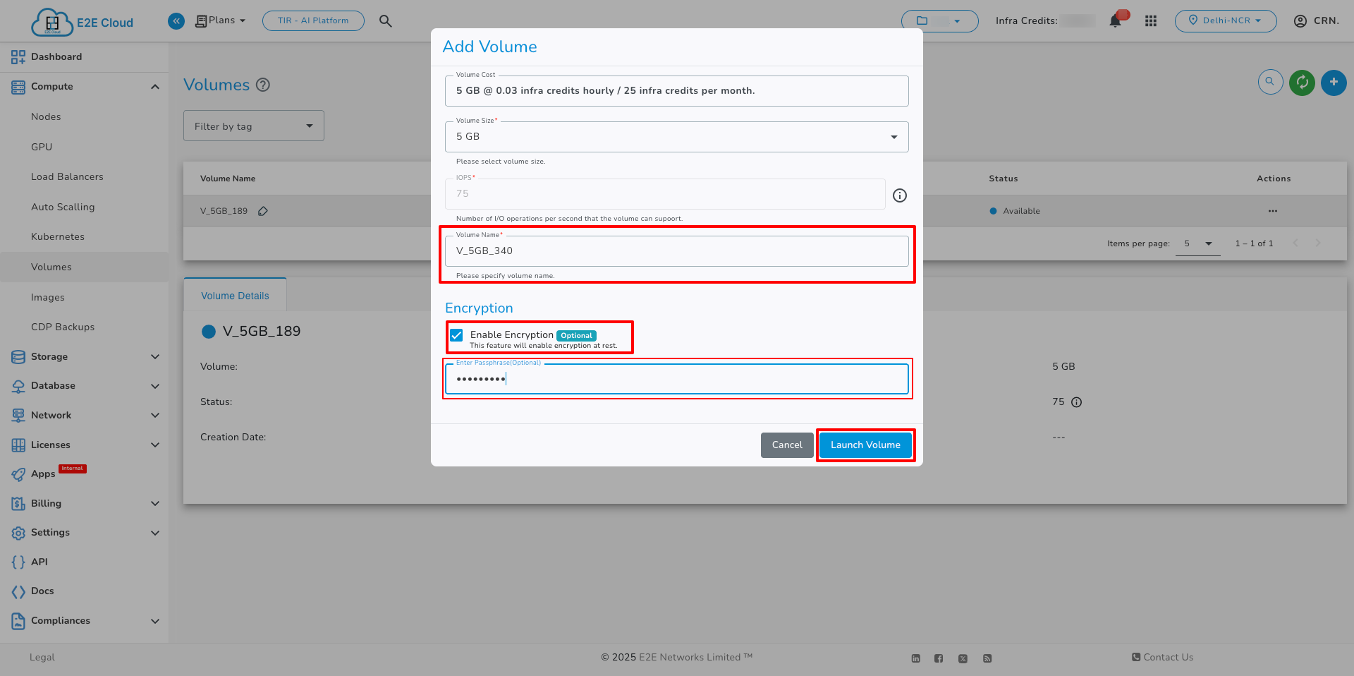 Create Encrypted Volume | E2E Cloud